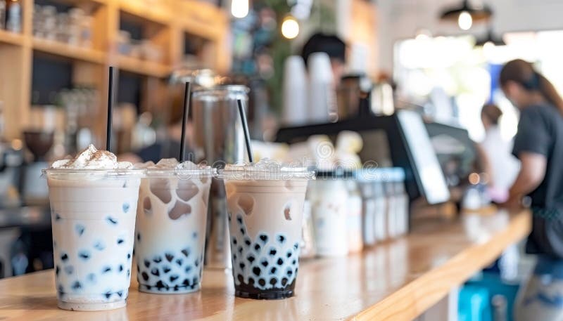 Assorted Tapioca Bubble Teas on Blurred Cafe Background, Copy Space ...