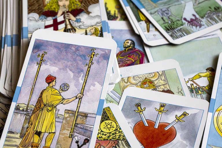 Assorted Tarot Cards Scattered on a Table, Seamless Pattern Editorial ...