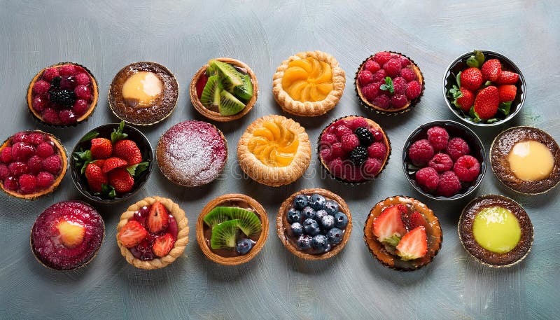 Assorted Tarts and Pastries. Background of Assorted Fresh Sweet Tarts ...