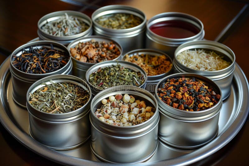 Assorted Tea Blends in Tins Presented on a Platter Stock Image - Image ...