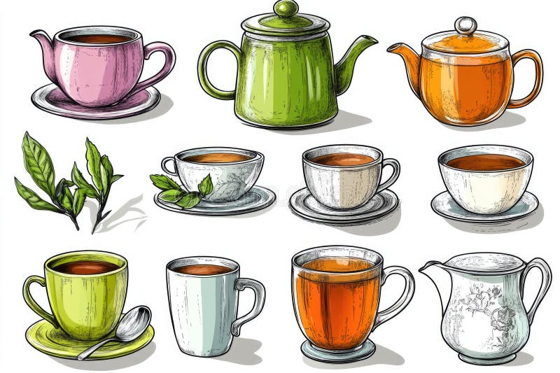 Assorted Tea Cups and Saucers on a Table or Shelf Stock Photo - Image ...