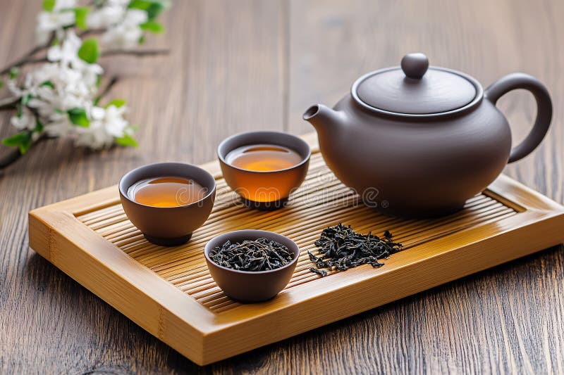 Assorted Tea Leaves, a Teapot, and Small Cups Elegantly Arranged on a ...