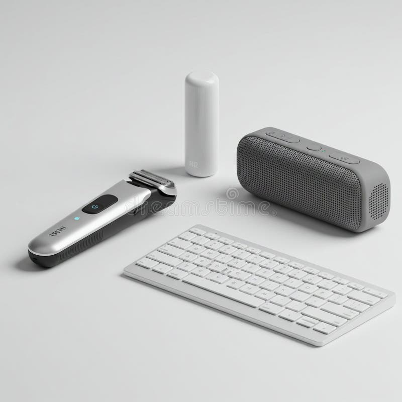 Assorted Tech Gadgets on a White Surface. Includes a Wireless Keyboard with White Keys, Stock ...