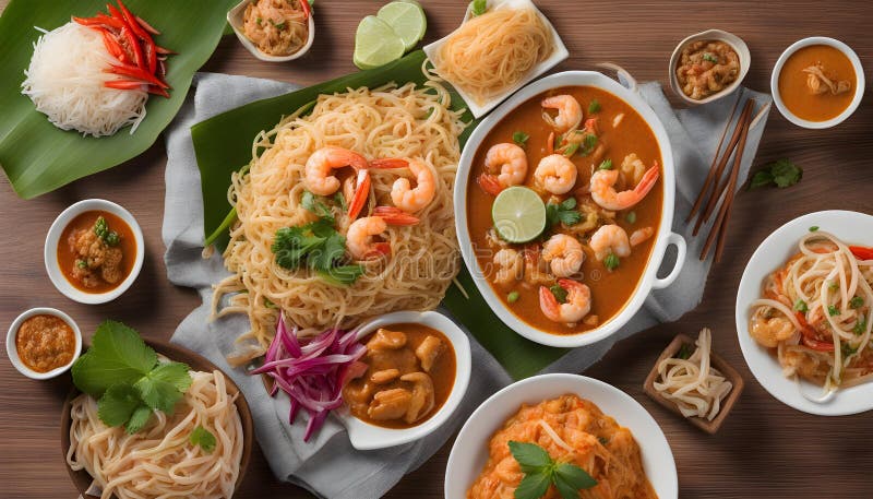 Assorted Thai Food with Shrimp Pad Thai and Panang Curry Stock ...