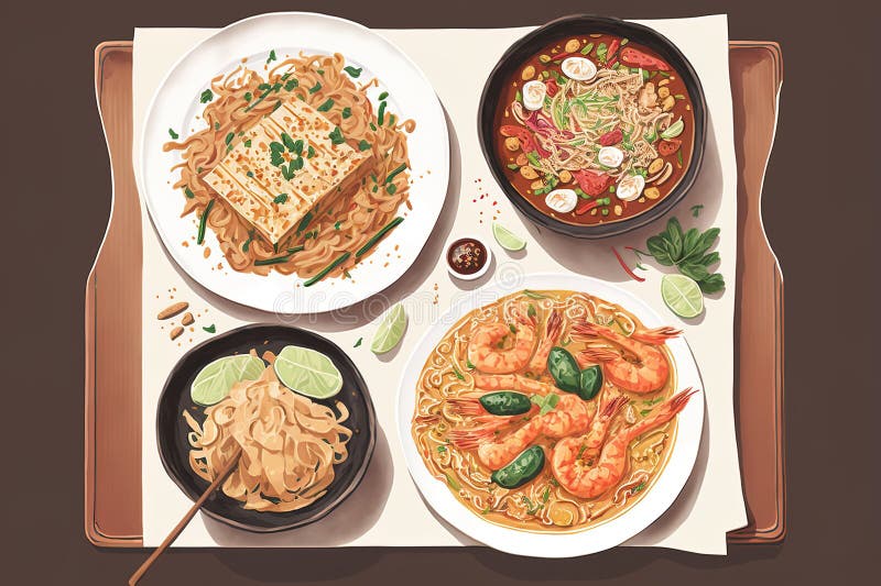Assorted Thai Food with Shrimp Pad Thai and Panang Curry Stock ...