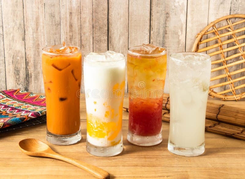 Assorted Thai Iced Drinks Ice Thai Milk Tea, Creamy Mango Milk Iced Tea ...