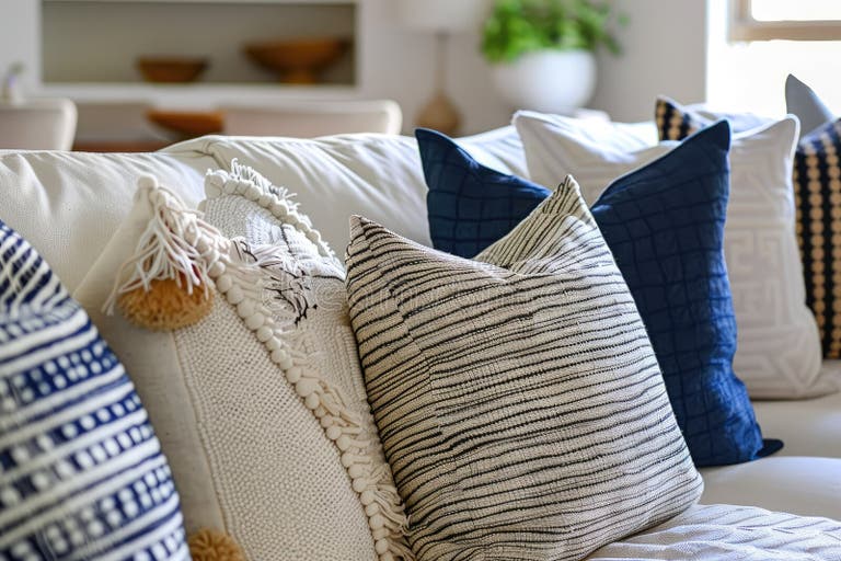 Assorted Throw Pillows with Textures and Patterns on a Modern Couch ...