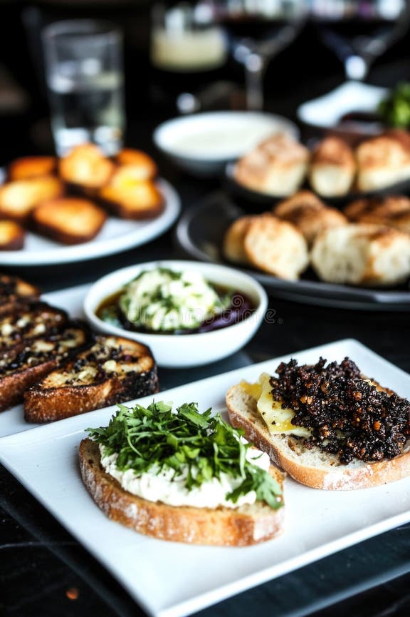 Assorted Toasts with Toppings Including Cream Cheese and Pesto on a ...