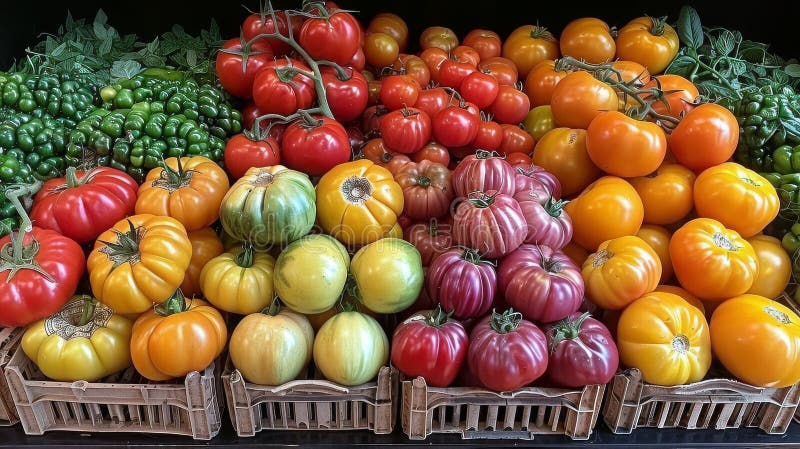Assorted Tomatoes in Baskets Stock Photo - Image of assortment, colors ...