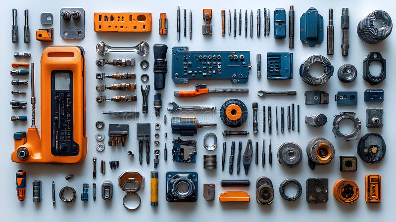 Assorted Tools and Components on Light Gray Background Stock ...