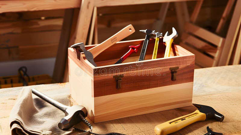 Assorted Tools in Wooden Toolbox on Workshop Table Stock Image - Image ...