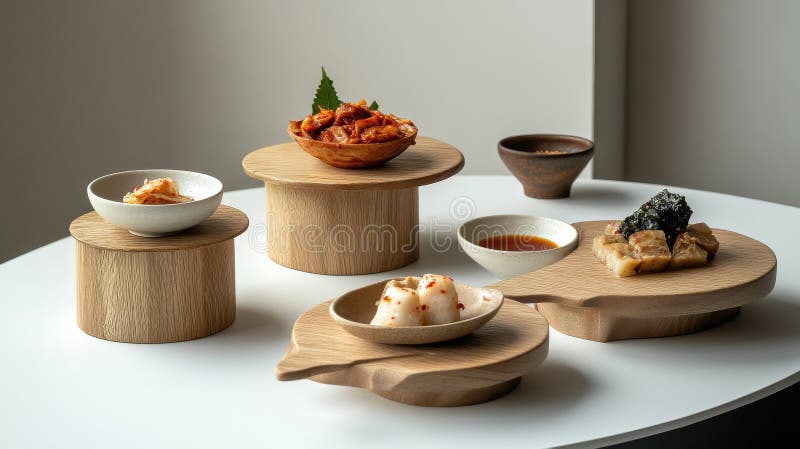 Assorted Traditional Korean Side Dishes on Wooden Stands in Minimalist ...