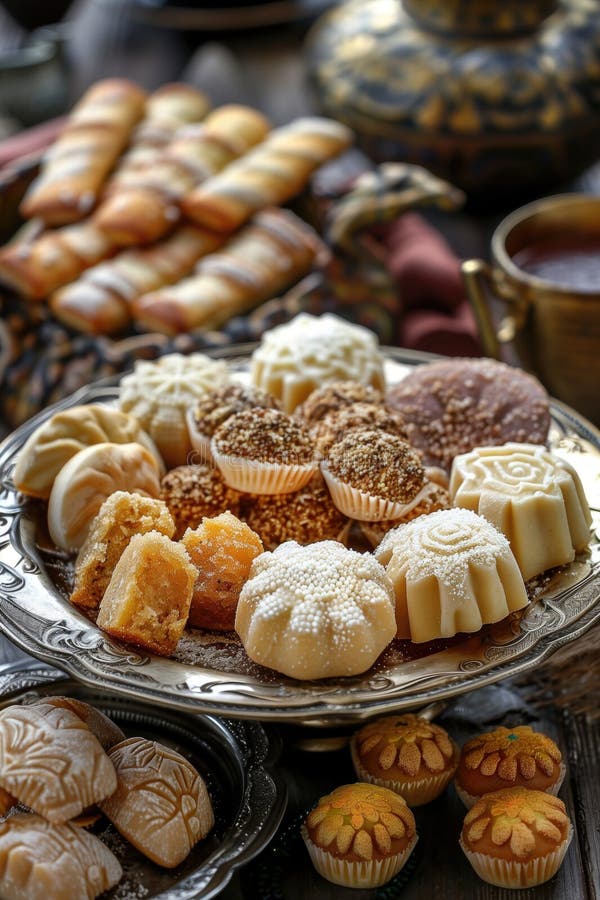 Assorted Traditional Middle Eastern Sweets Arranged on an Ornate Silver ...