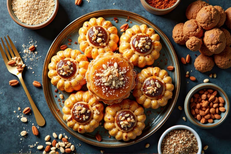 Assorted Traditional Pastries with Nuts on Blue Table Setting Stock ...