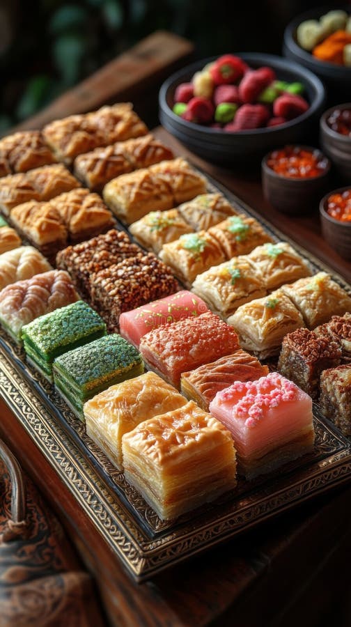 Assorted Traditional Sweets Displayed on a Gold Platter in a Rustic ...