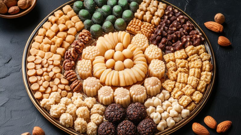 Assorted Traditional Sweets on Elegant Platter with Almonds. Ramadan ...