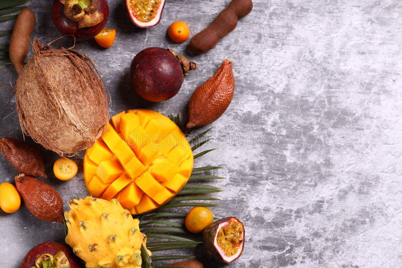 Assorted Tropical Exotic Fruits Stock Photo - Image of orange, closeup ...