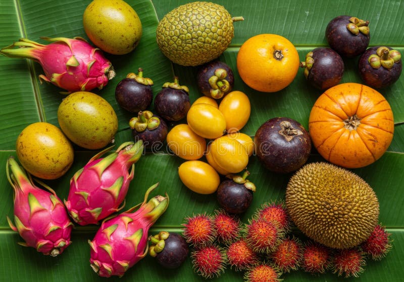 Assorted Tropical Fruits on Green Leaf Background Stock Illustration ...