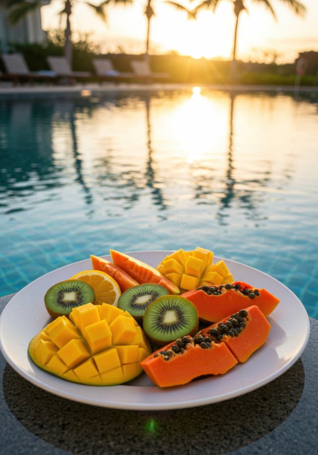 Assorted Tropical Fruits on Plate by Pool at Sunset Stock Illustration ...