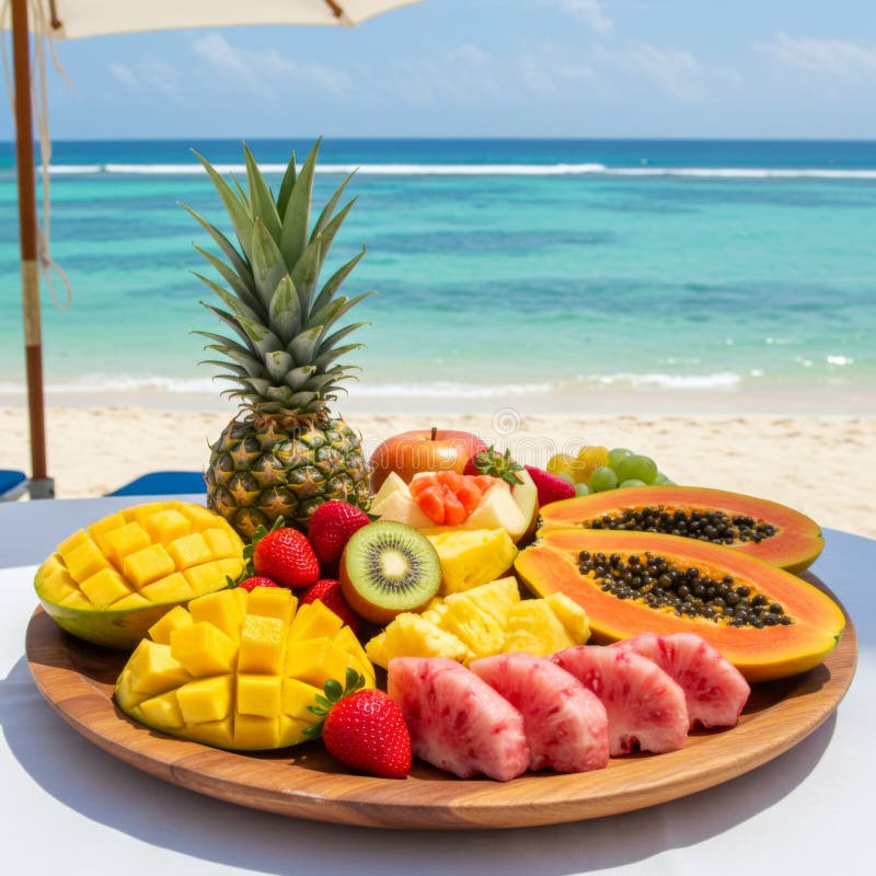 Assorted Tropical Fruits on Wooden Platter at Beach Stock Illustration ...