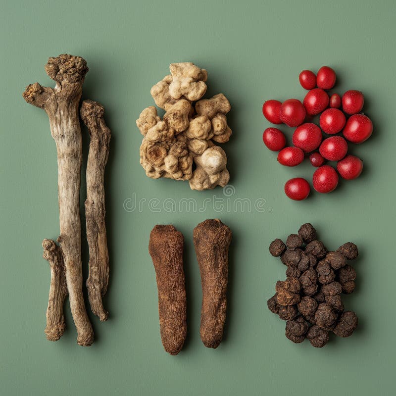 Assorted Truffles and Roots on Green Background with Red Berries ...