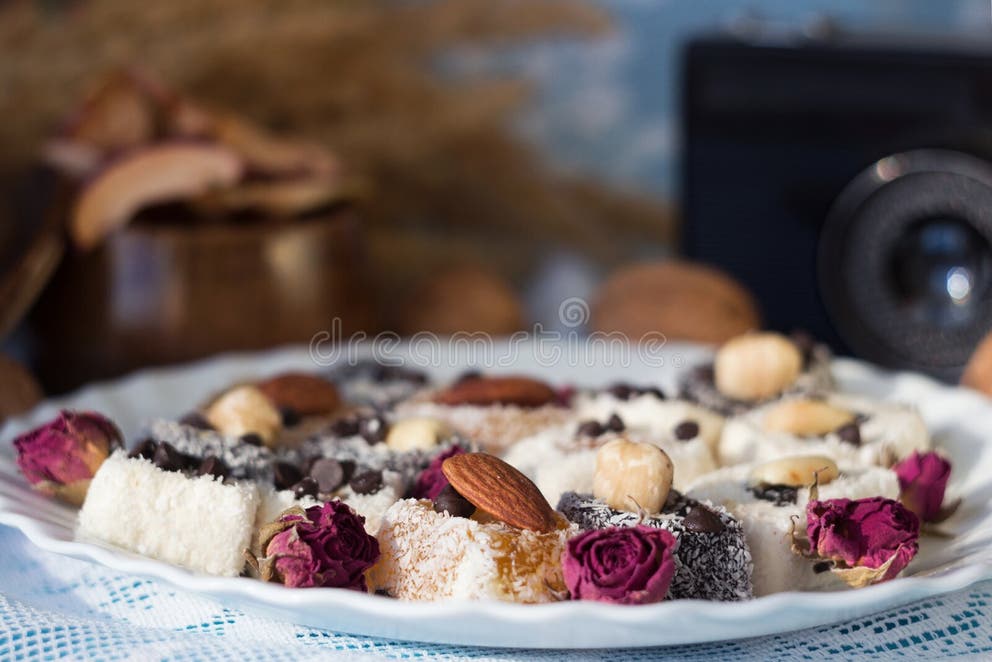 Assorted Turkish Delight on a White Plate, Turkish Multicolored Sweets ...