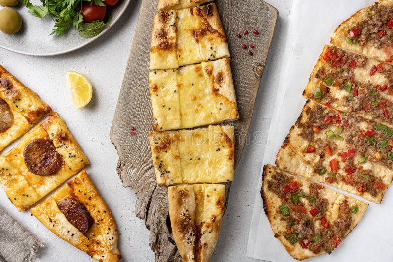 Assorted Turkish Pide with Meat , Pide with Cheese, Pide Mix, Lachmajun ...