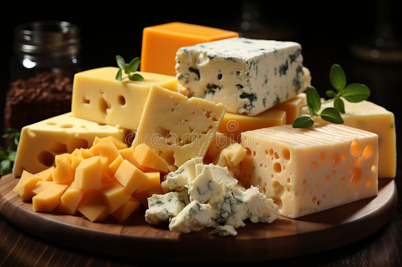 Assorted Types of Cheese in Attractive Shapes Displayed on a Rustic ...