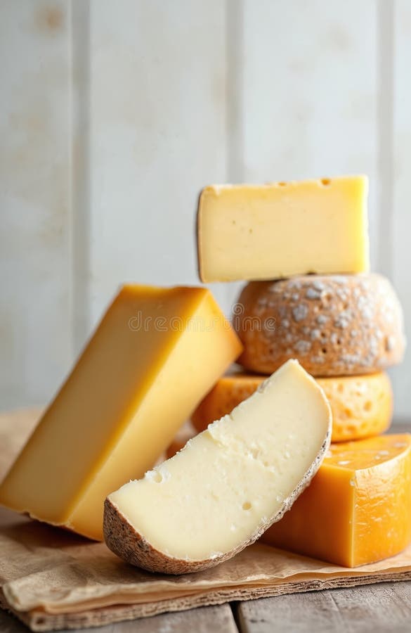 Assorted Types of Cheese Composition, Stacked on Aged Table Against ...