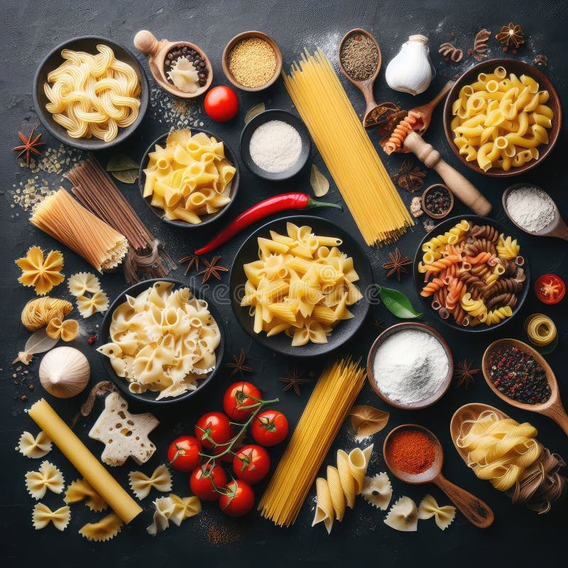 Assorted Types of Pasta on Black Background. Top View Stock Photo ...
