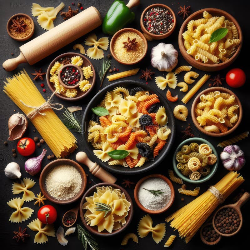 Assorted Types of Pasta on Black Background. Top View Stock Photo ...
