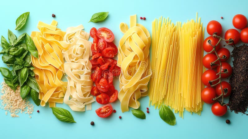Assorted Types of Pasta with Cherry Tomatoes, Fresh Basil, and Various ...