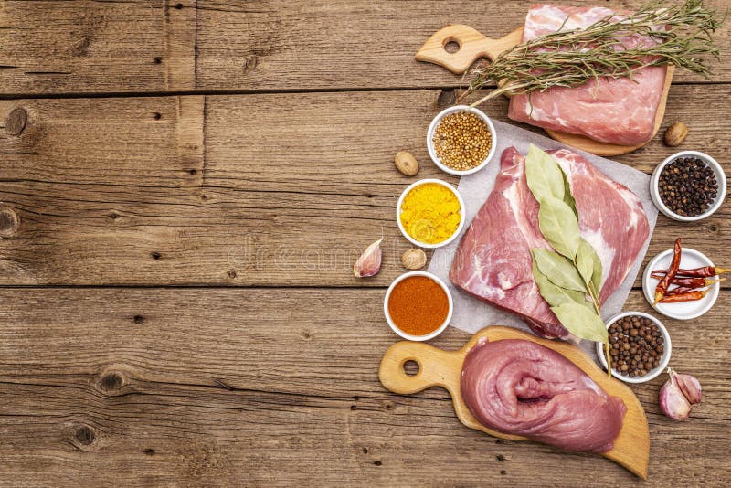 Assorted Various Fresh Pork Cuts. Raw Meat with Spices Stock Image ...