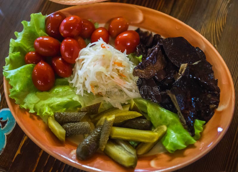 Assorted Various Russian Traditional Pickles on an Oval Plate, S Stock ...