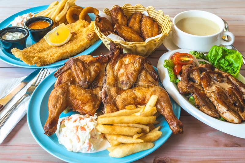 Assorted Western Food Main Course on Table Stock Image - Image of ...