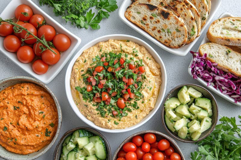 Assorted Vegan Dips and Vegetables with Bread on Gray Background Stock ...