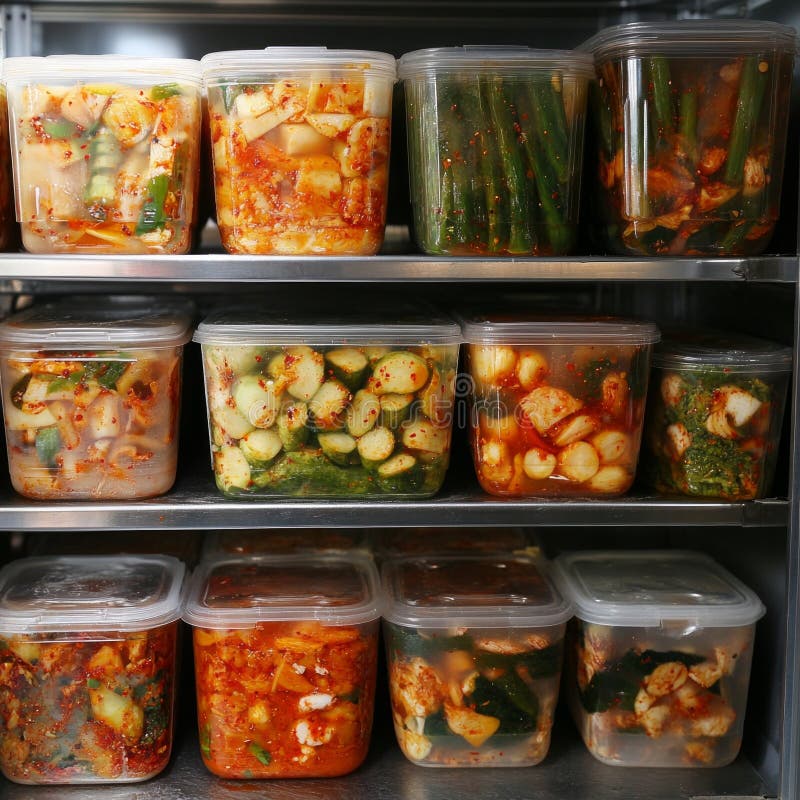 Assorted Vegetable Kimchi Containers in Refrigerator Stock Image ...
