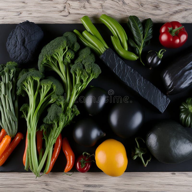 Assorted Vegetables Aligned To the Left on a Black Slate - AI Generated ...