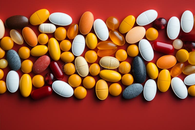 Assorted Vibrant Pills on Red Backdrop, with Space for Text Medication ...