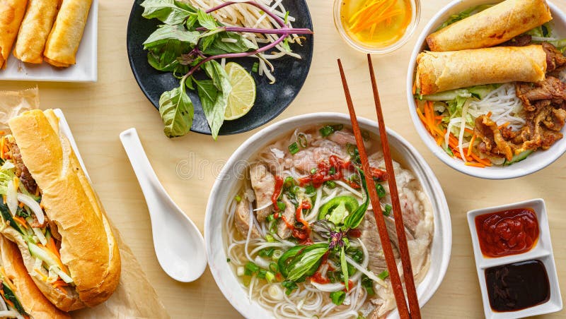 Assorted Vietnamese Dishes with Pho, Bahn Mi, Spring Rolls in Top Down ...