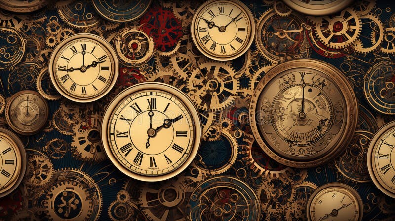 Array of Vintage Clocks on Wall. Generative AI Stock Illustration ...
