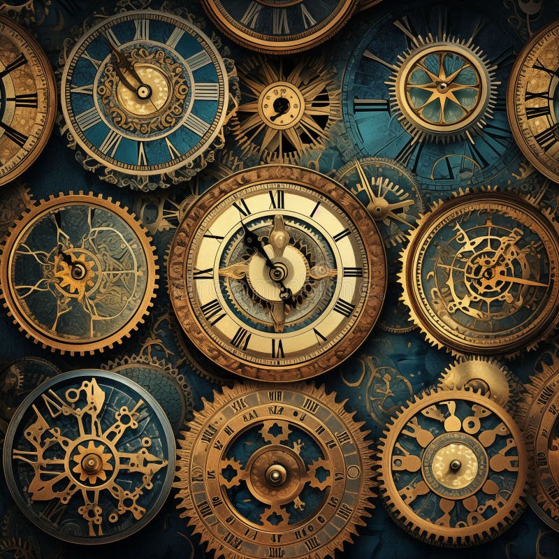 Array of Vintage Clocks on Wall. Generative AI Stock Illustration ...