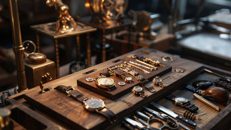 Assorted Watches and Clocks on Wooden Table Stock Photo - Image of ...