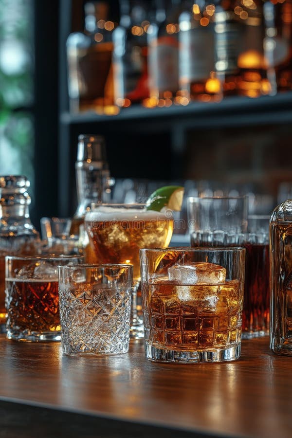 Assorted Whiskey Drinks Served at a Bar Counter with Various Glassware ...