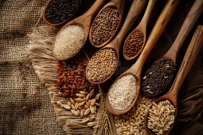 Assorted Whole Grains in Rustic Wooden Spoons on Textured Table Stock ...