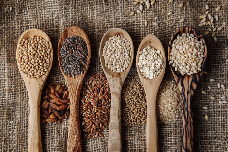 Assorted Whole Grains in Rustic Wooden Spoons on Textured Table Stock ...