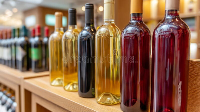 Assorted Wine Bottles on a Wooden Shelf. Stock Image - Image of drink ...