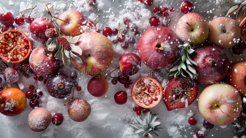 Assorted Winter Fruits with Dreamy Celestial Accents Stock Illustration ...