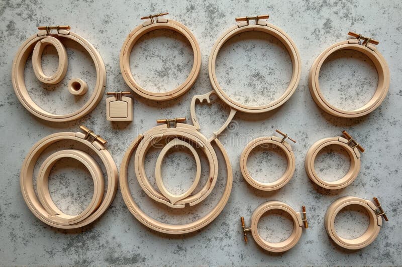 Assorted Wooden Embroidery Hoops on Gray Textured Background Stock ...