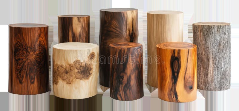 Assorted Wooden Log Stools in Natural Finish, Unique Grain Patterns ...